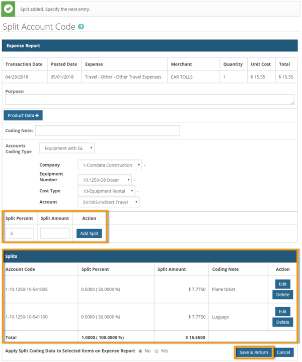 Split Account Codes – Expense Track Help